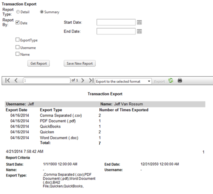 Transaction Export report